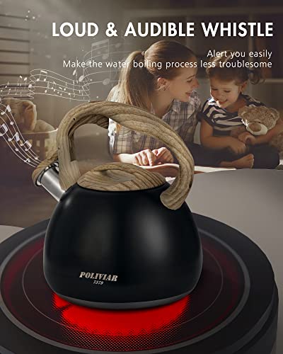POLIVIAR Tea Kettle, Black Ti Stovetop Tea Kettle 2.7 Quart , Audible Whistling Teapot, Food Grade Stainless Steel for Anti-Rust and Anti Hot Handle, Suitable for All Heat Sources (JX2018-WB20)