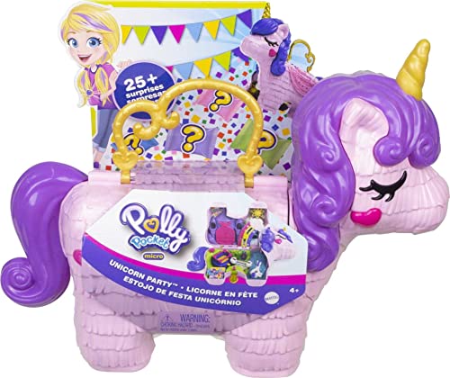 Polly Pocket 2-in-1 Travel Toy Playset, Unicorn Toy with 2 Dolls & 25 Surprise Accessories, Unicorn Party Large Compact