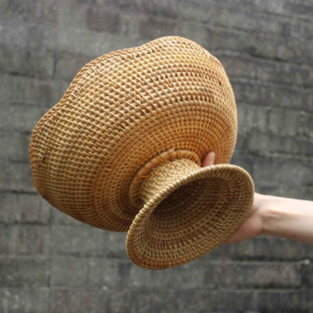 FUKQVOD Simple Fashion Hand-Woven Rattan Tray,Round Brown Natural Decorative Storage Wicker Serving Tray,for Cookies Tea Snacks Fruit Convenience