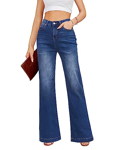 Qazel Vorrlon Wide Leg Jeans High Waisted Flare Baggy Jeans for Women Boyfriends Straight Jeans Stretch Denim Pants Trendy Y2K Dark Blue