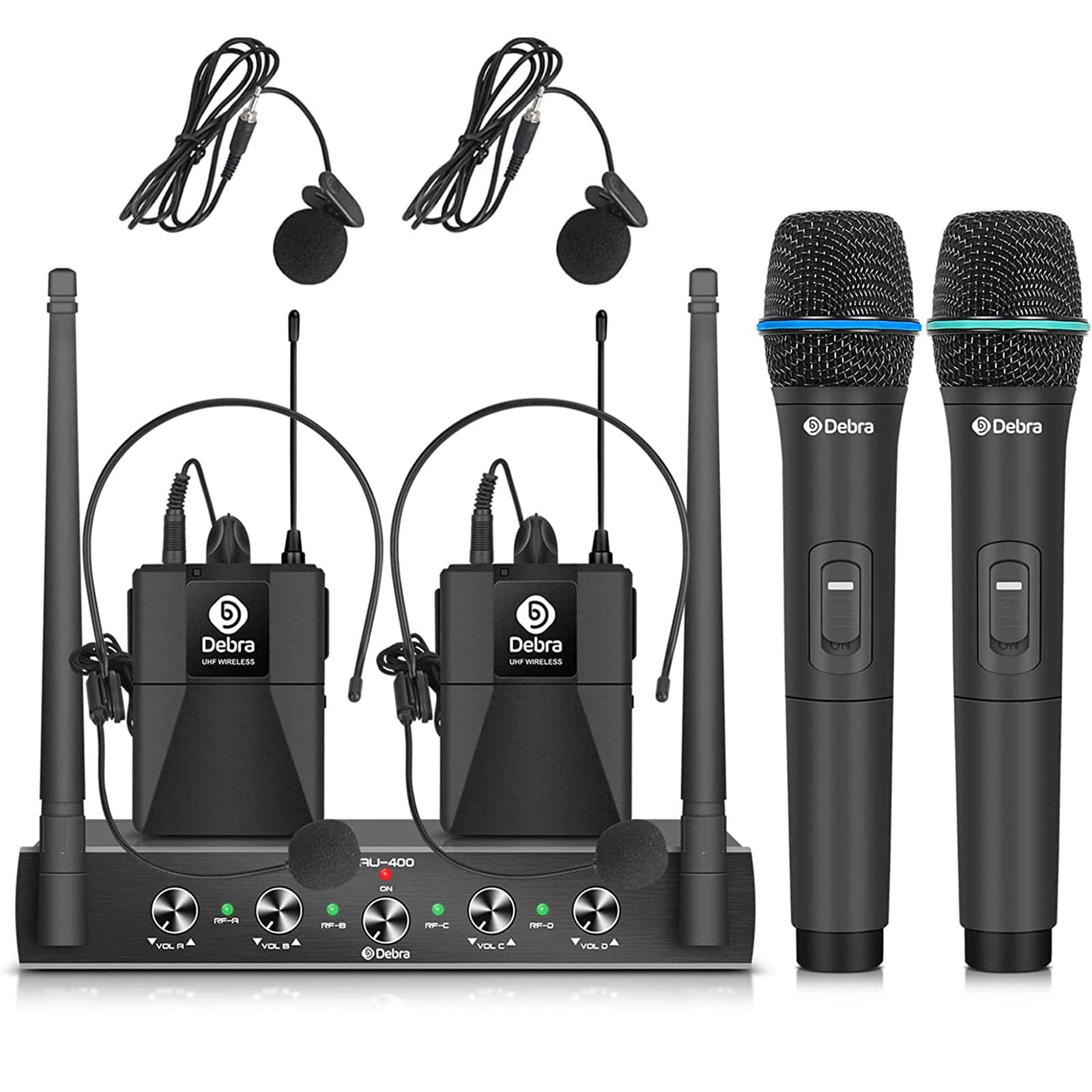 D Debra Audio Wireless Microphone System Pro DU4004 UHF 4 * 16 Adjustable Channel Wireless Handheld Lavalier Headset Mics, Ideal for Meeting Church Speech Party (2-Handheld & 2-Bodypack)