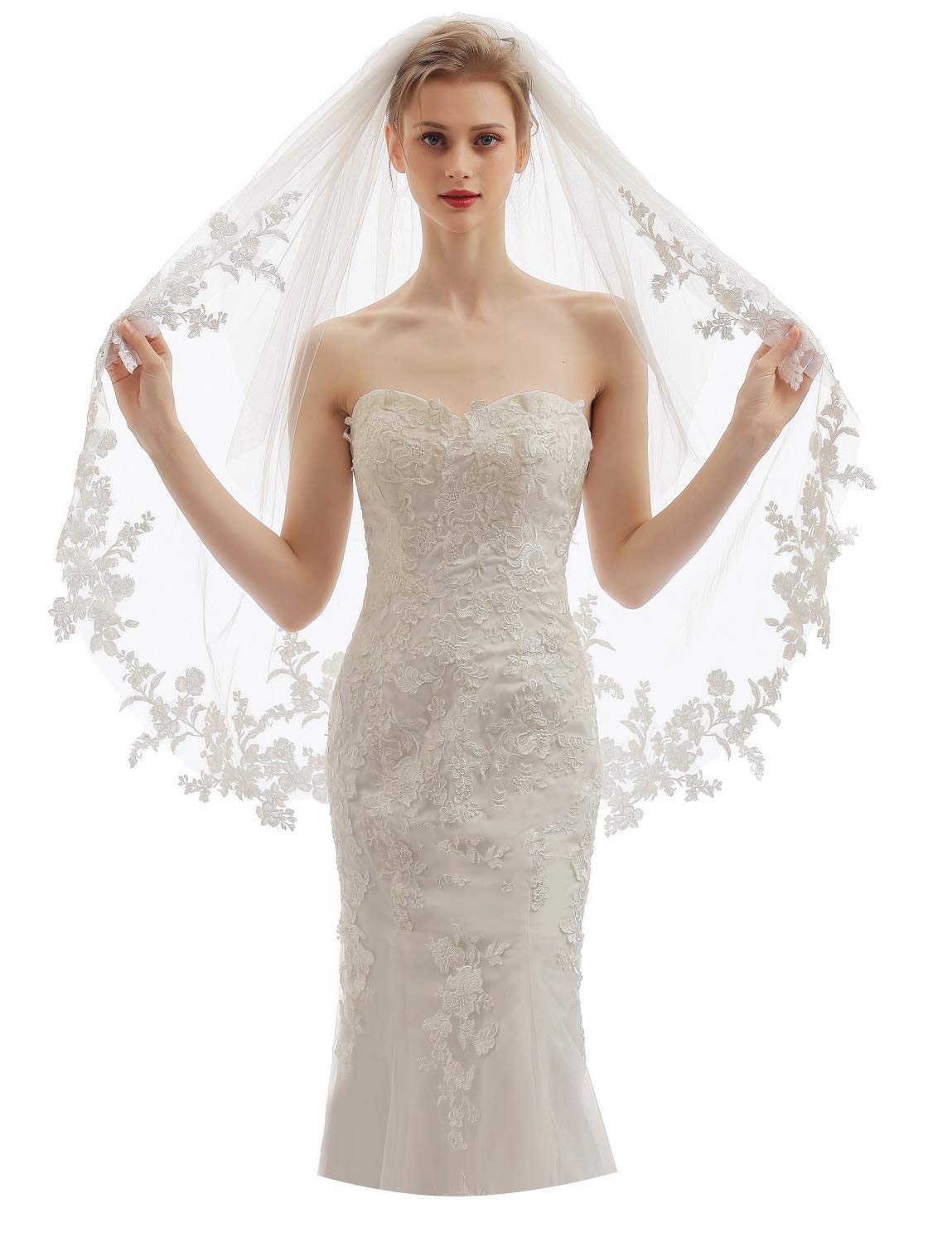 ELAWBTY Womens 2 Tier Fingertip Length Short Lace Wedding Bridal Veil With Comb X07 Ivory