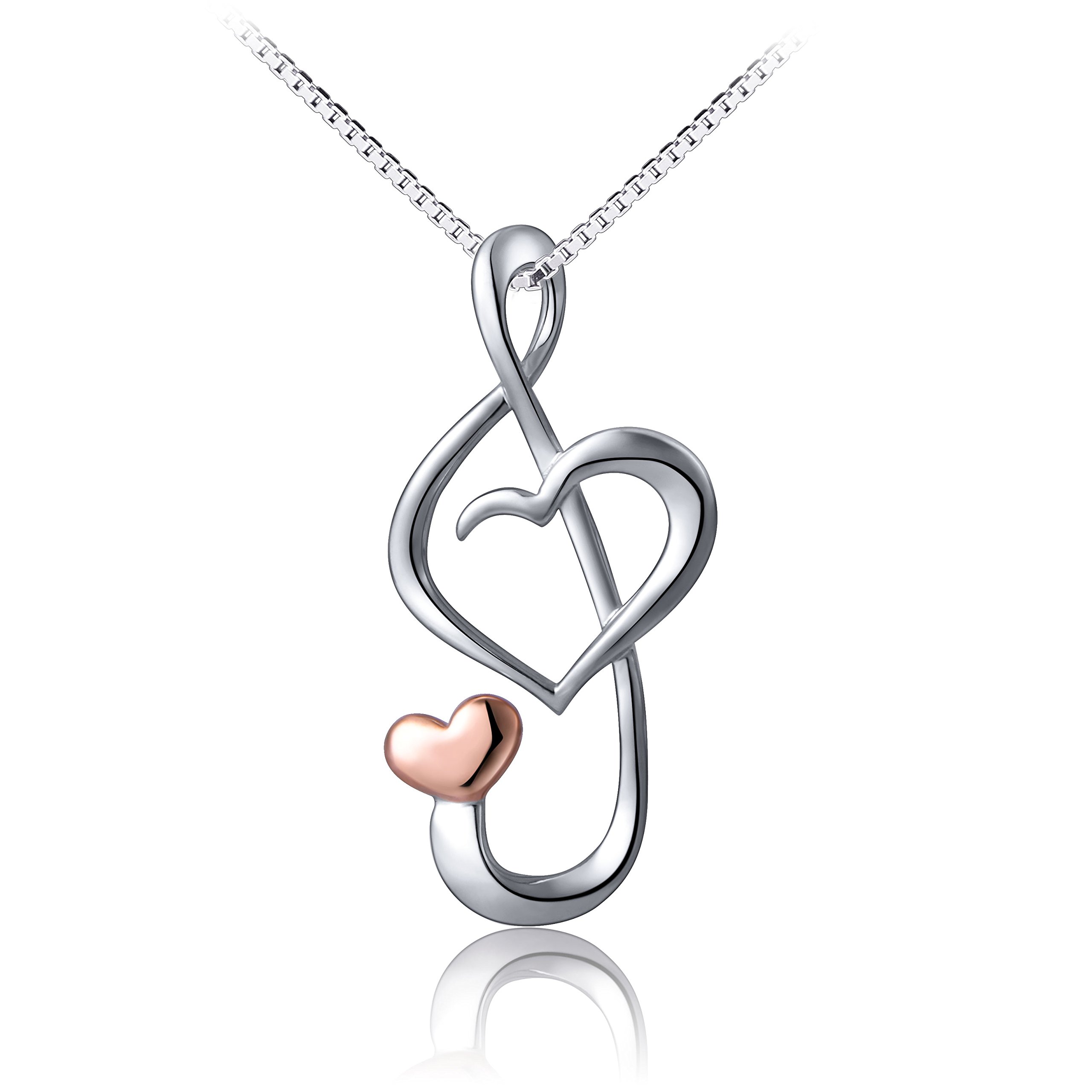 DAOCHONG S925 Sterling Silver Musical Note Treble Love Heart Pendant Necklace, Box Chain 18 inches
