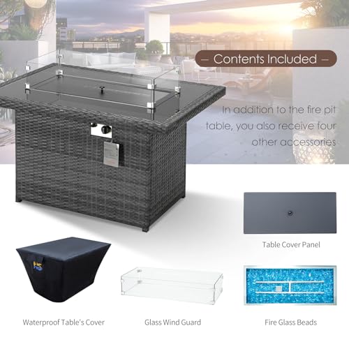 High-Craft 43'' Rectangular Patio Propane Fire Pit Table Gray PE Wicker 55,000 BTU H-Burner Dural Heating Outdoor Firepits 8mm Glass Top & Aluminum Frame Anti-Rust with Cover & Windguard