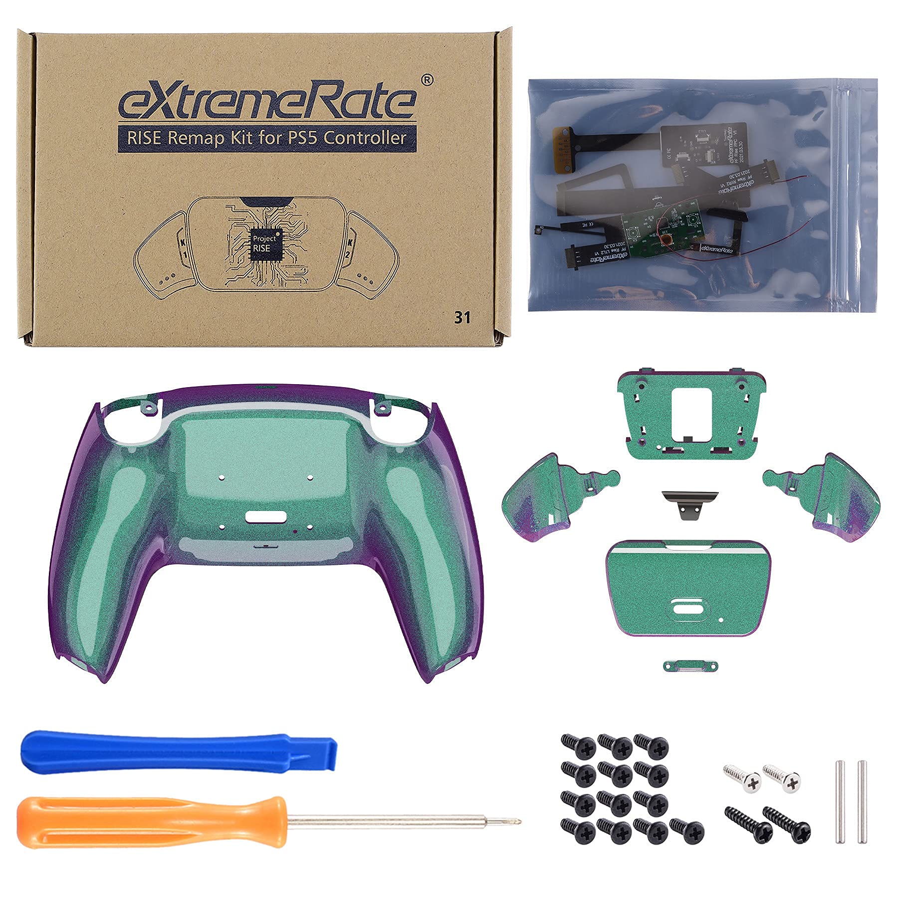 eXtremeRate Chameleon Green Purple Programable Rise Remap Kit for PS5 Controller BDM-010, Upgrade Board & Redesigned Back Shell & Back Button Attachment for PS5 Controller - Controller NOT Included