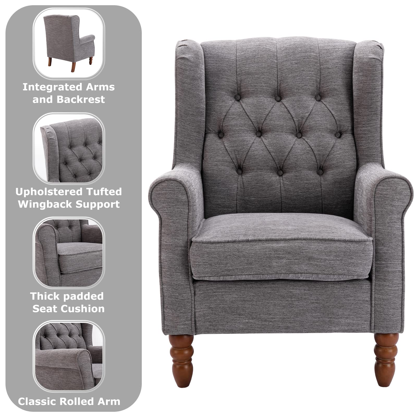 COLAMY Living Room Accent Chair, Thick Upholstered Button Tufted Wingback Armchair Fabric Mid-Century Modern Sofa Arm Chair, Solid Wood Legs Padding Seat, Grey
