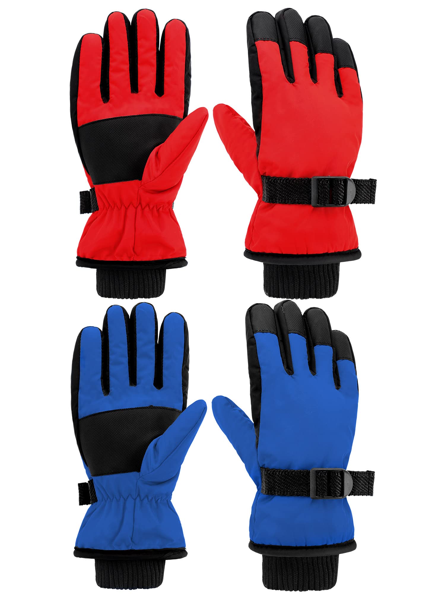 Eurzom 2 Pairs Kids Winter Gloves Waterproof Ski Gloves Windproof Warm Unisex Ski Gloves Warm Snow Gloves with Hook and Loop(Red, Blue, for 6-13 Years)