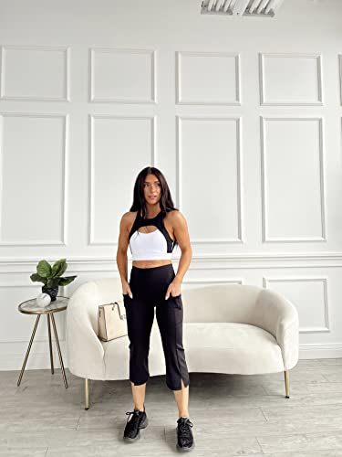 Promover Women's Flare Yoga Pants with Side Pockets High Waisted Capri Pants with Front Split for Women Casual Work(Black,S)