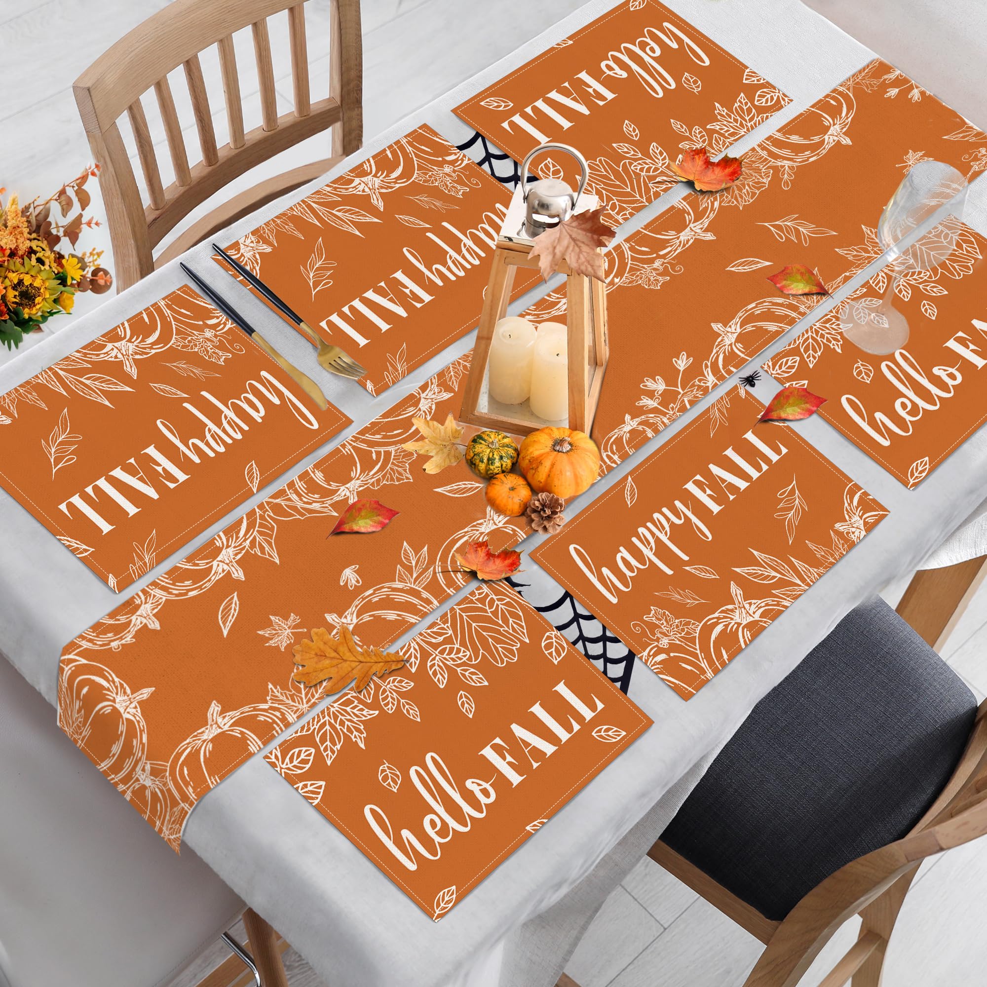 Fall Table Runner and Placemats Set of 6, Fall Table Decor, Fall Line Pumpkin Leaves Orange Kitchen Dining Autumn Table Decorations, Harvest Thanksgiving Farmhouse Hallo Fall Table Runner Mats Set