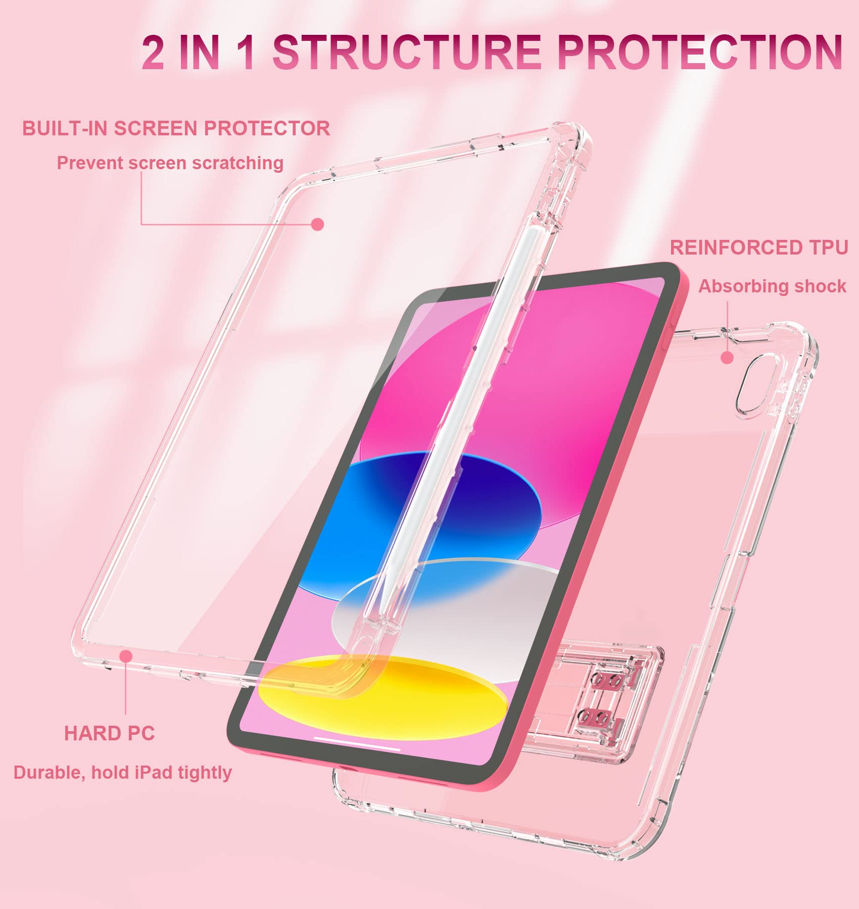 iPad 10th Generation Case, CCMAO iPad Case 10th Generation 2022 10.9 Inch with Screen Protector & Pencil Holder & Kickstand, Crystal Transparent Back Heavy Duty Shockproof Protective Cover, Clear