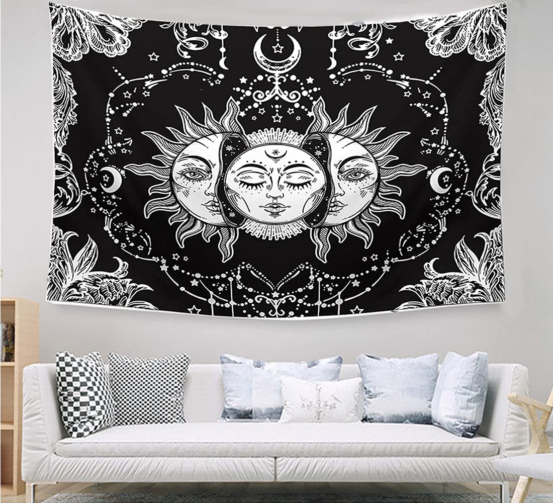 EWYN Sun and Moon Tapestry,Black and White Tapestries Mystic Burning Sun with Star Wall Hanging decor for Bedroom (70.9"x 90.6", Black White)