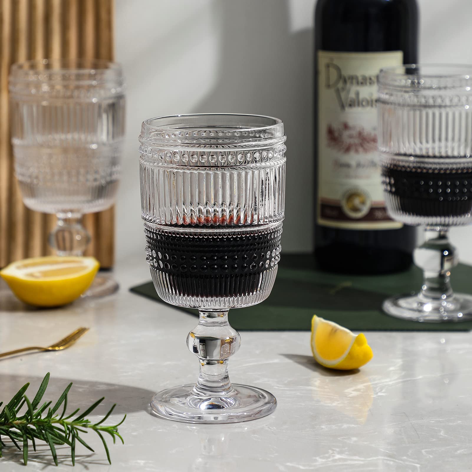 G Pearl and Ribbed Vintage Goblets, Iced Tea Goblets 10.5 oz. set of 6 Water Goblets Beverage Glass Set for Wine Soda Juice Drinking Glass with Stem, Perfect for Dinner Parties Bars Restaurants