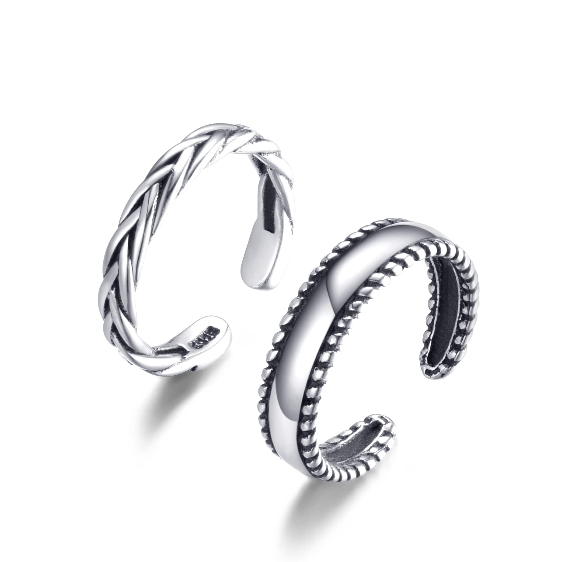 Elitven 2PCS Sterling Silver Open Adjustable Toe Rings Vintage Braid Rings for Women Girls (Braided Style)