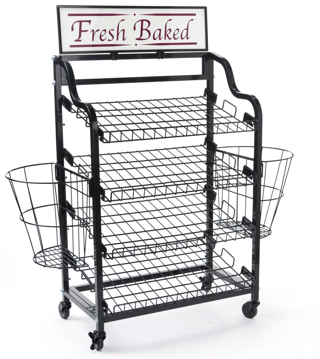 Displays2go “Fresh Baked” Bakery Merchandiser with Adjustable Shelves, (2) Side Baskets for Baguettes, (2) Sign Holder Options, Locking Wheels, Black