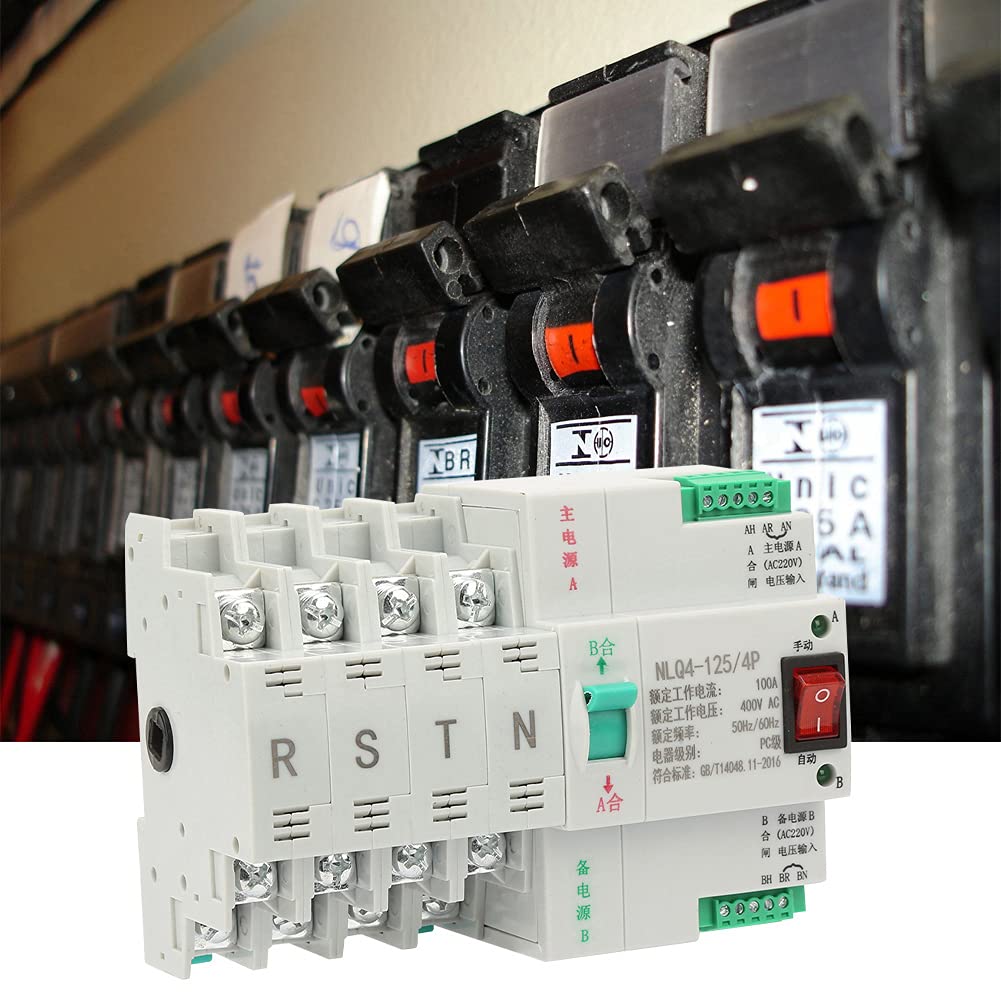 Dual Power Automatic Transfer Switch AC 400V 4P 63A/80A/100A ATS PC Automatic Changeover Toggle Switch Double Transfer Switch for Municipal Electricity, Generator(100A)