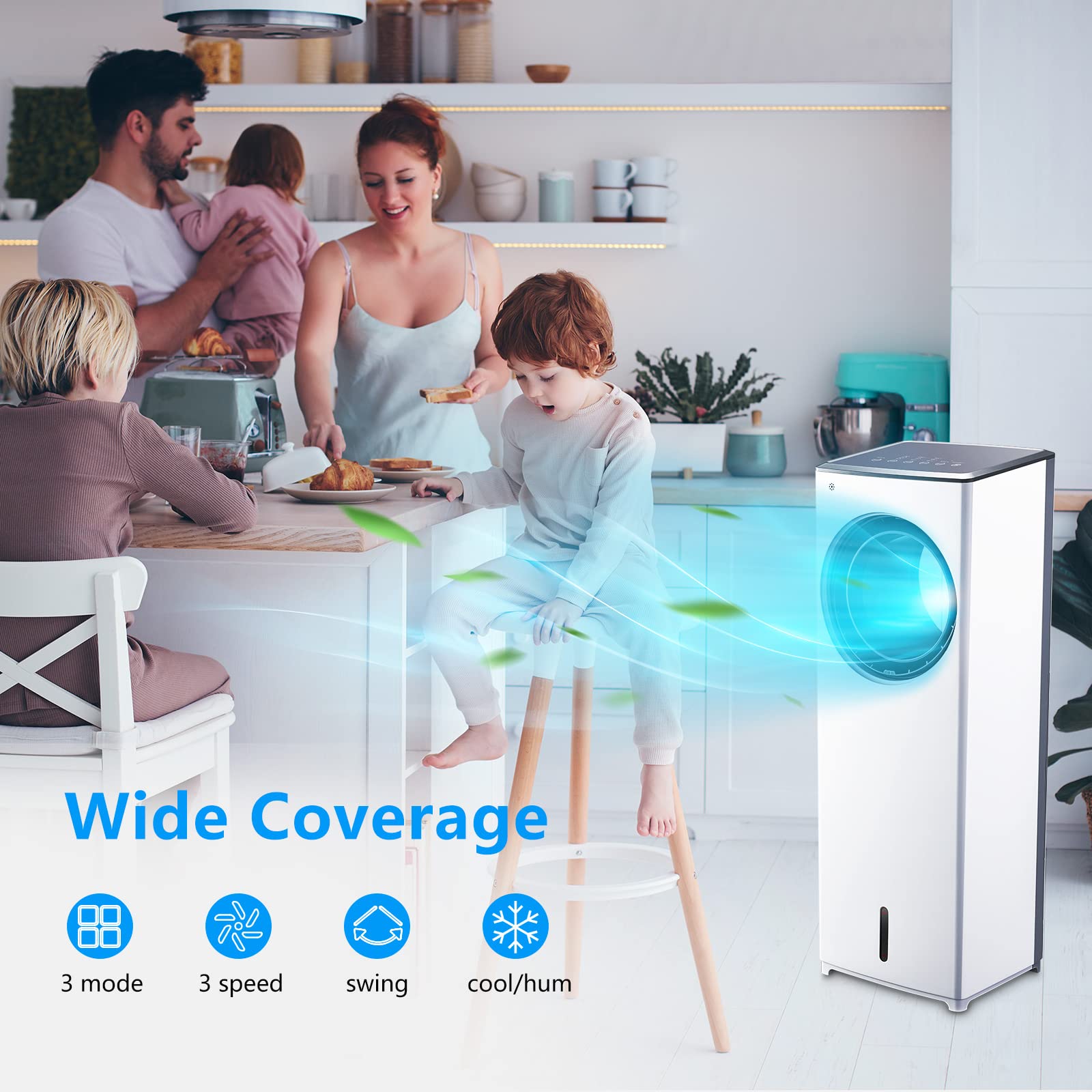 Evaporative Air Cooler-3-in-1 Portable Air-Cooling Fan, Instant Cool & Humidify with 3 Speeds, 8H Timer, 3 Modes, No Noise Tower Fan, No Dust, Bladeless Fan for Large Room Office (White)