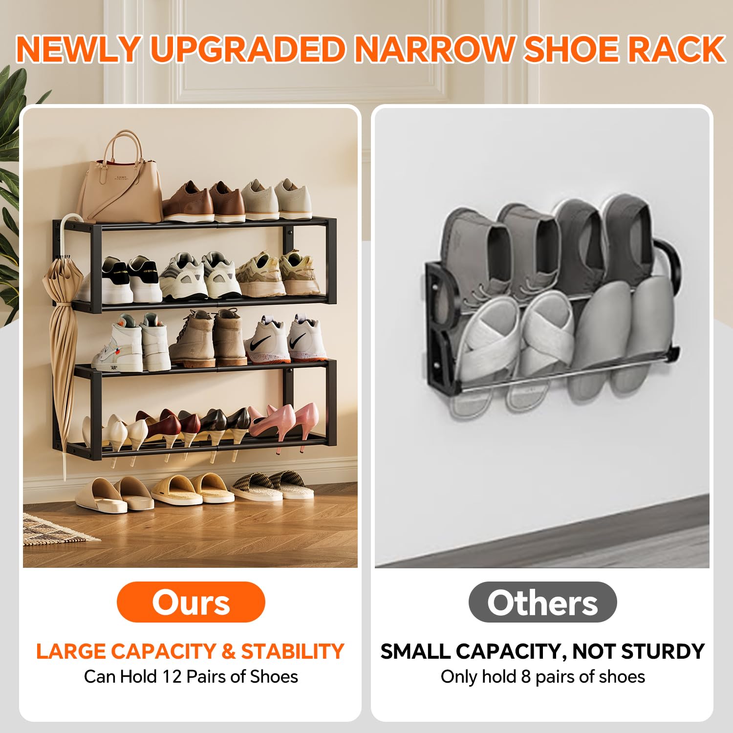 Homeiju Hanging Shoe Organizer,2 Pack Wall Mounted Shoe Rack Holds 12 Pairs,Space Saving Metal Wall Shoe Rack,Hanging Shoe Rack Shoe Holder for Small Space,Entryway,Closet,RV,Camper(Black