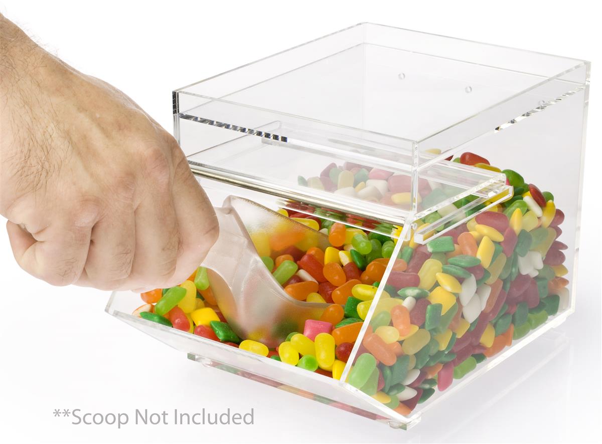 Displays2go Clear Plastic Candy Container, 6-1/8"w x 6-3/8"h x 9-1/2"d, with Hinged Door Holds 1 Gallon of Dry Foods