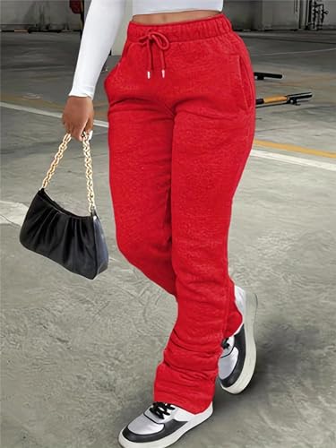 Clearance Women 6 Pockets High Waisted Cargo Pants Wide Leg Casual Pants Combat Military Trouser Red