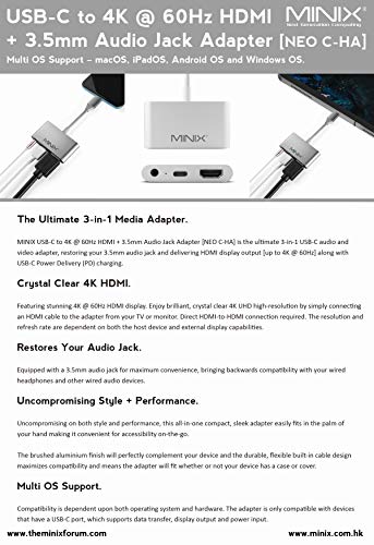 MINIX NEO C-HAGR, USB-C 3.5mm Audio Jack Adapte with to 4K @ 60Hz Display Output, Multi OS Support macOS, iPadOS, Android OS and Windows OS. Space Gray