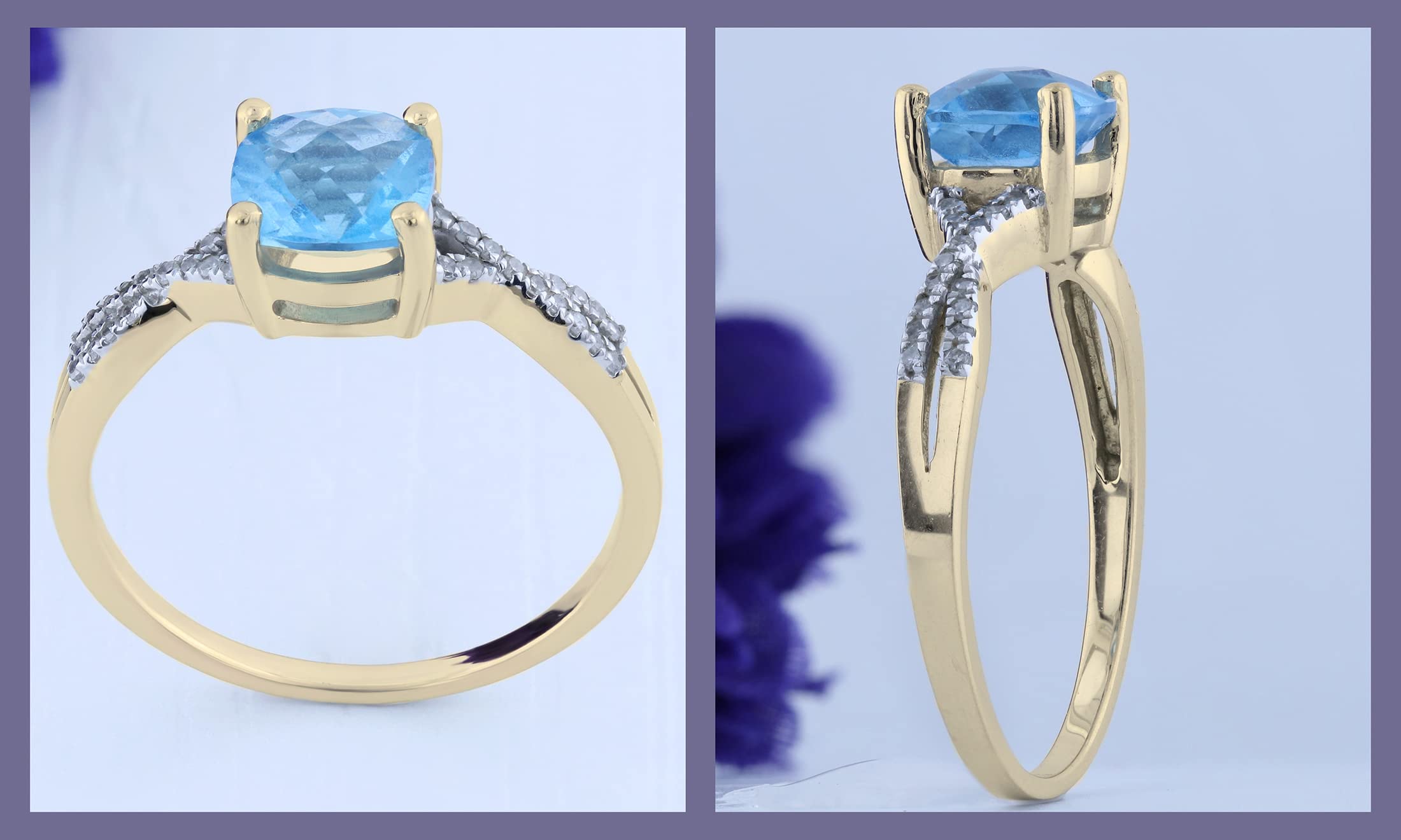 Dazzlingrock Collection 7MM Cushion Blue Topaz & Round White Diamond Swirl Crisscross Split Shank Engagement Ring for Women | 14K Yellow Gold, Size 7.5