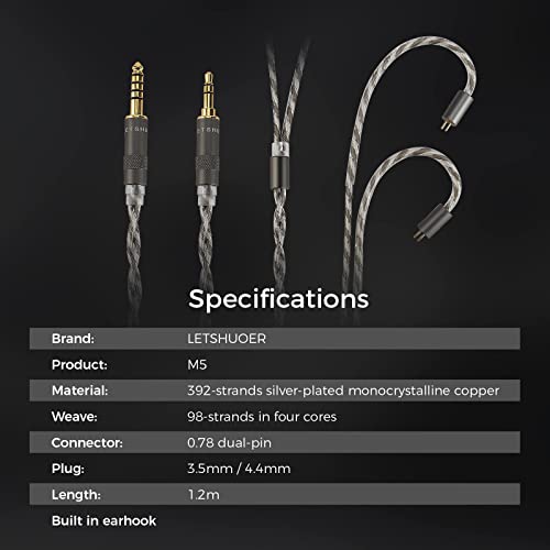 Letshuoer M5 in Ear Earphone Cable of S12 in Ear Monitor Silver-Plated Monocrystalline Copper IEM Cable 0.78mm 2Pin Connector (3.5mm Plug)