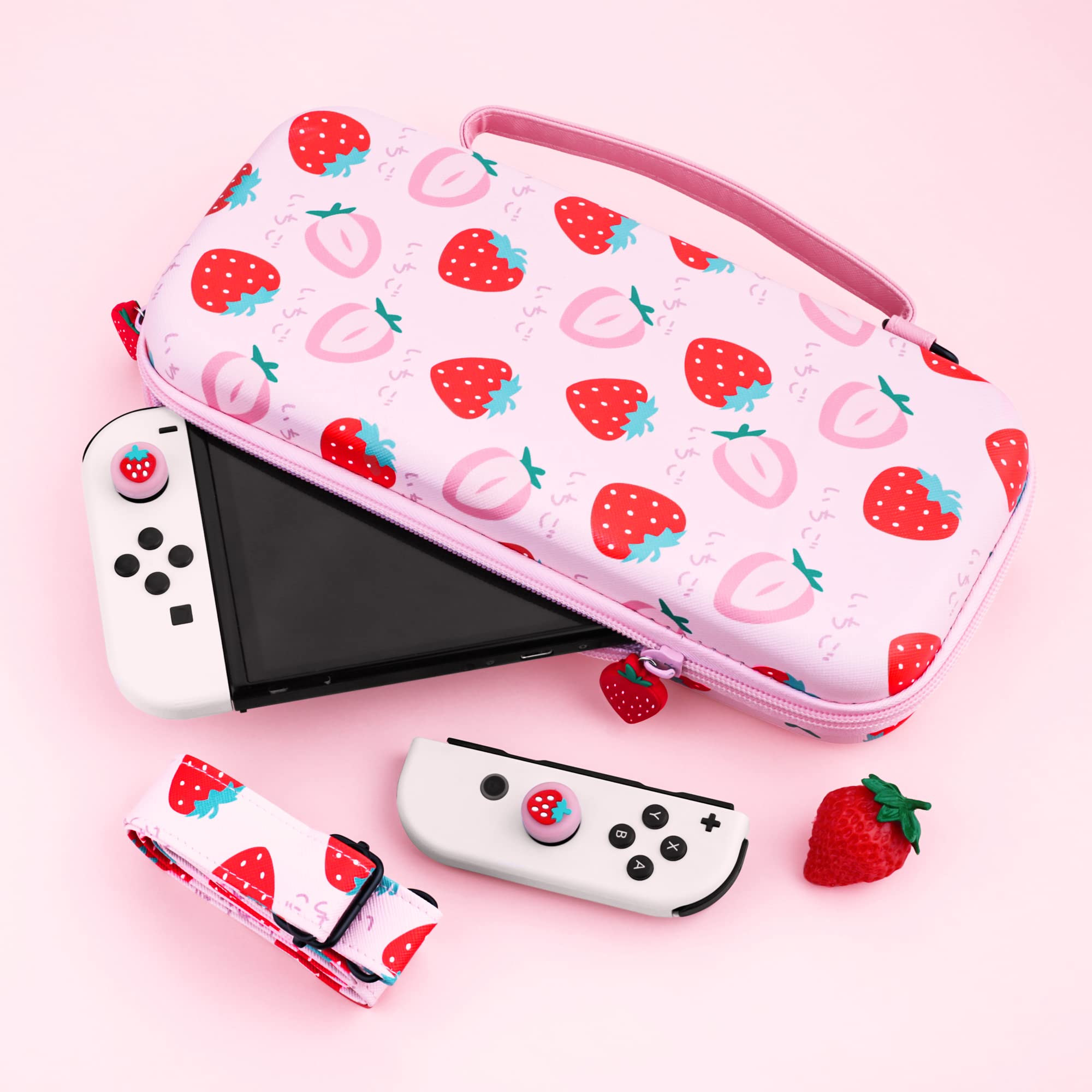 FUNDIARY Cute Strawberry Carrying Case for Nintendo Switch and Switch OLED, Cute Travel Accessories Bag for Switch and Switch OLED, Case with Adjustable Shoulder Strap and 2 Strawberry Thumb Caps