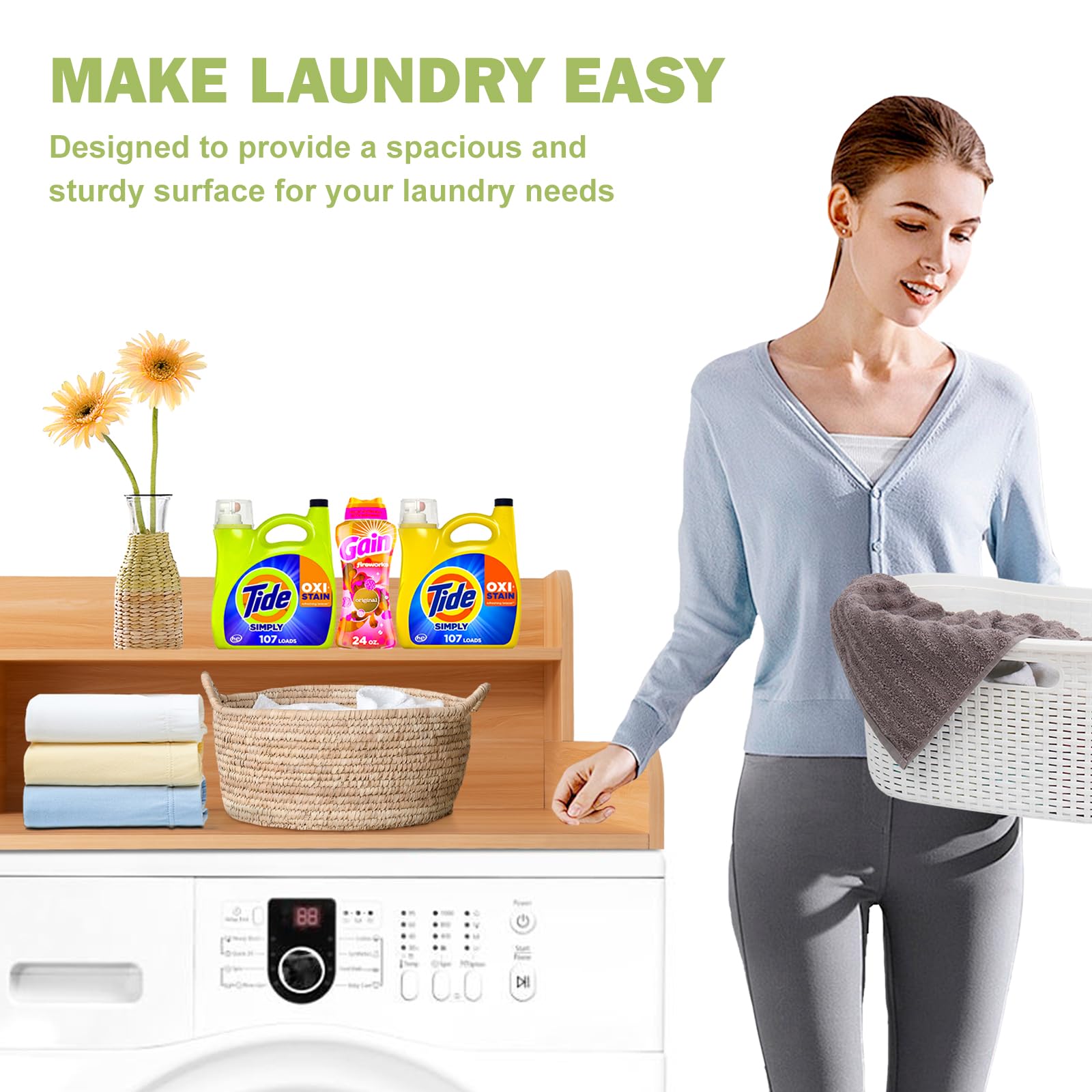 Homeny Laundry Machine Countertop, Washer Dryer Topper Table Solid Wood, Laundry Washing Machine Countertop with 2-Tier Shelf for Storage Laundry Room Organization