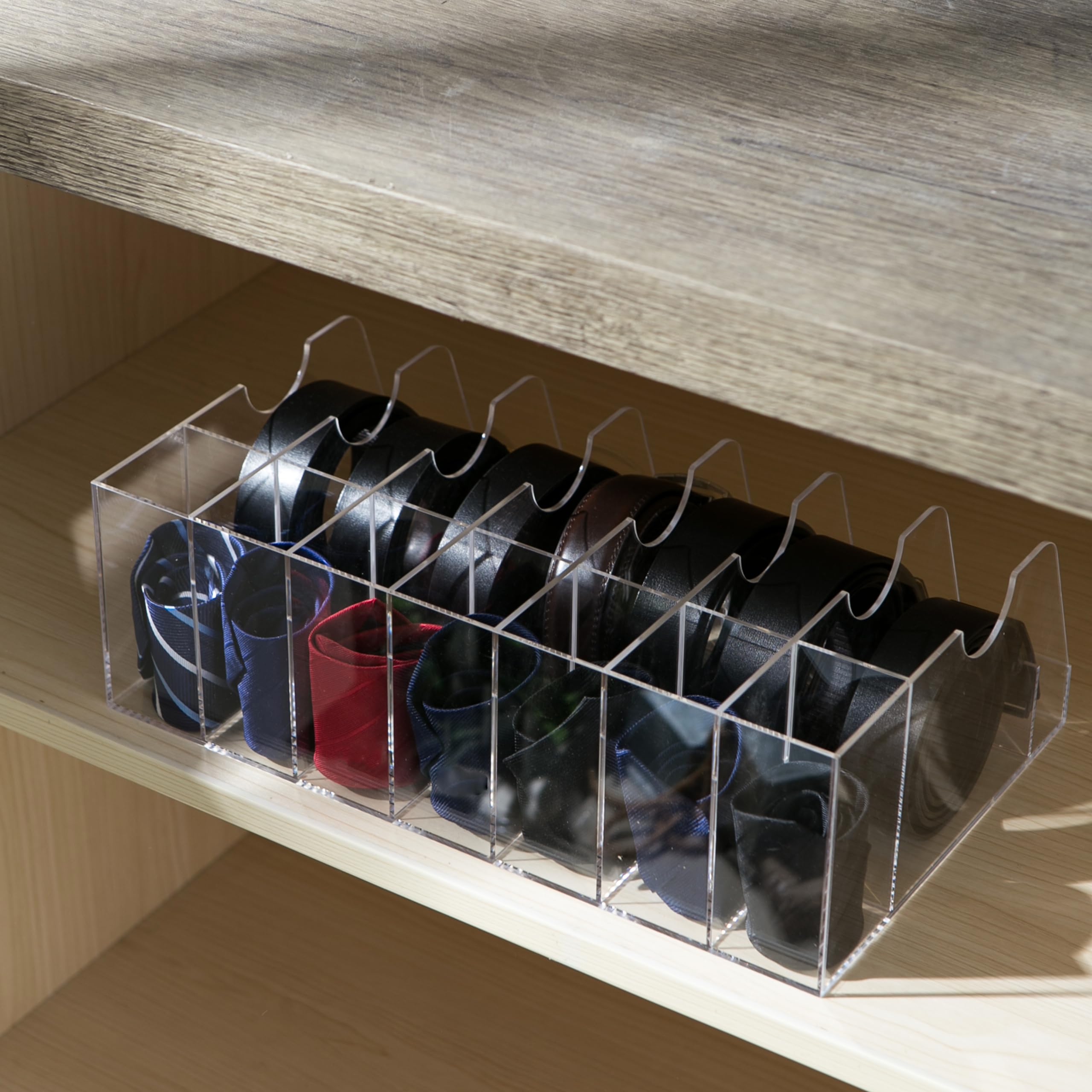 HeiMma Acrylic Belt Organizer for Drawer, Belt and Tie Storage Holder for Closet Neck Tie Box Organizer, 14 Compartment, Large Size