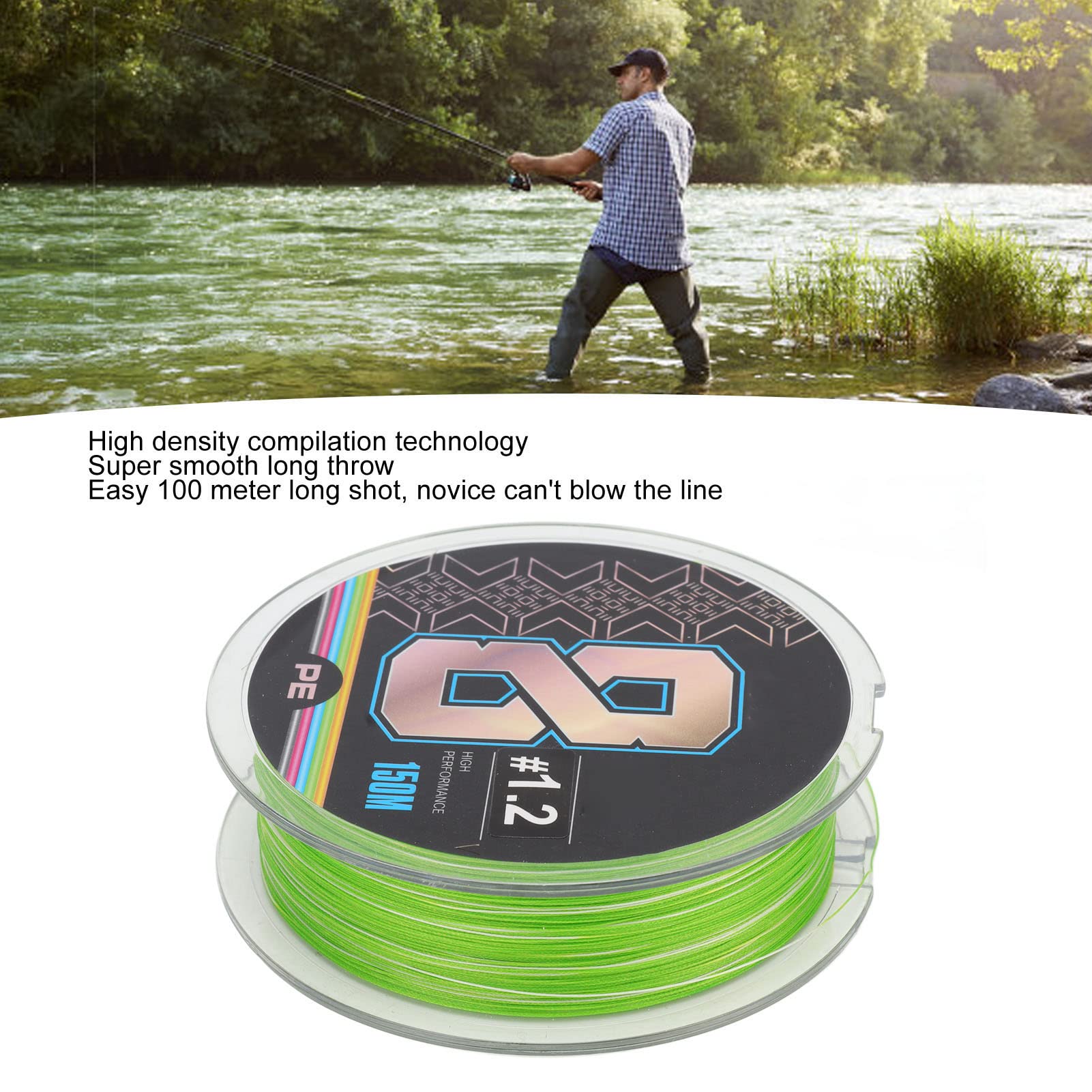Fishing Wire, 8 PE 150m Fishing Line Fade Resistant for River Fishing (1.2#)