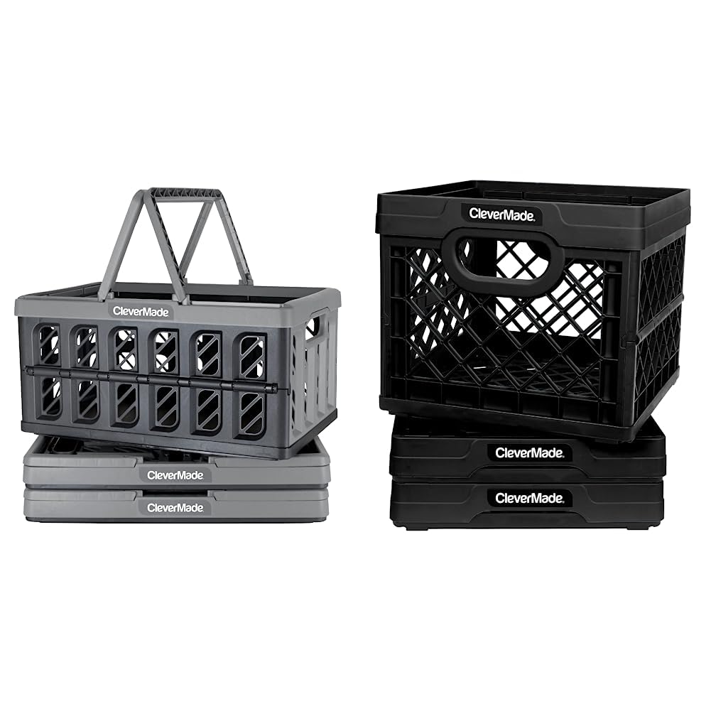 CleverMade Eco 24L Collapsible Reusable Plastic Grocery Shopping Baskets & Collapsible Milk Crates, 25L Plastic Stackable Storage Bins CleverCrates Utility Folding Baskets, Pack of 3, Black