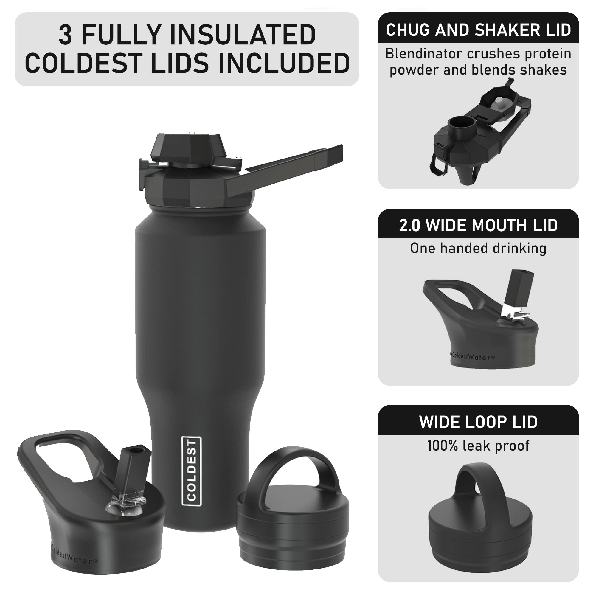 COLDEST Sports Water Bottle - 3 Lids (Chug Lid, Straw Lid, Handle Lid) Tumbler with Handle on Lid Water Bottles Cup Vacuum Insulated Stainless Steel, Fits Cirkul Lid (46 oz, Executive Wood)