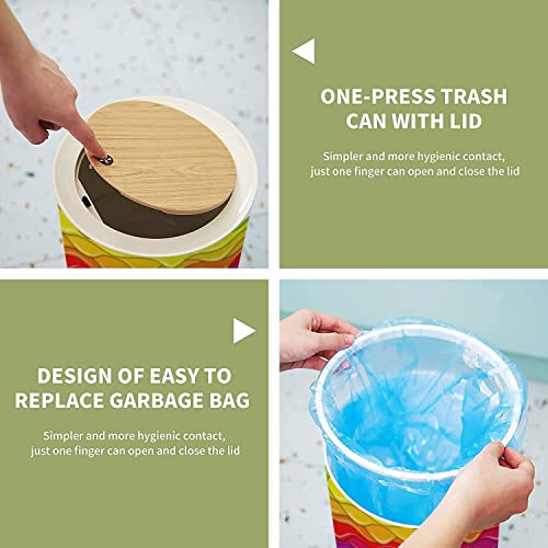 Small Trash Can with Lid Bright Rainbow Glaze Seamless Texture for Fabric Wrapping Decorative Garbage Bin Wood Waste Bin Press Cover Round Wastebasket for Bathroom Bedroom Diaper Office Kitchen