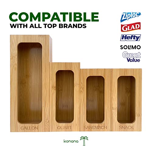 Konana Wooden Storage Bag Organizer for Plastic Baggies - Individual Gallon, Quart, Snack & Sandwich Organizer - with Labels for Kitchen Organization