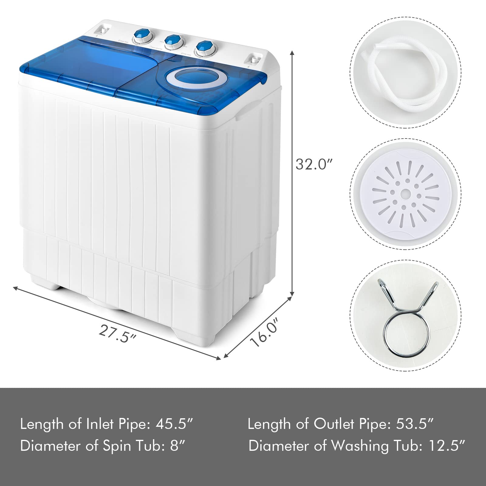 COSTWAY Portable Washing Machine, Twin Tub 26lbs Capacity Laundry Washer, 18lbs Washer and 8lbs Spinner Combo with Timer Knobs, Built-in Drain Pump, Compact Washer for Home Dorm Apartment, Blue+White