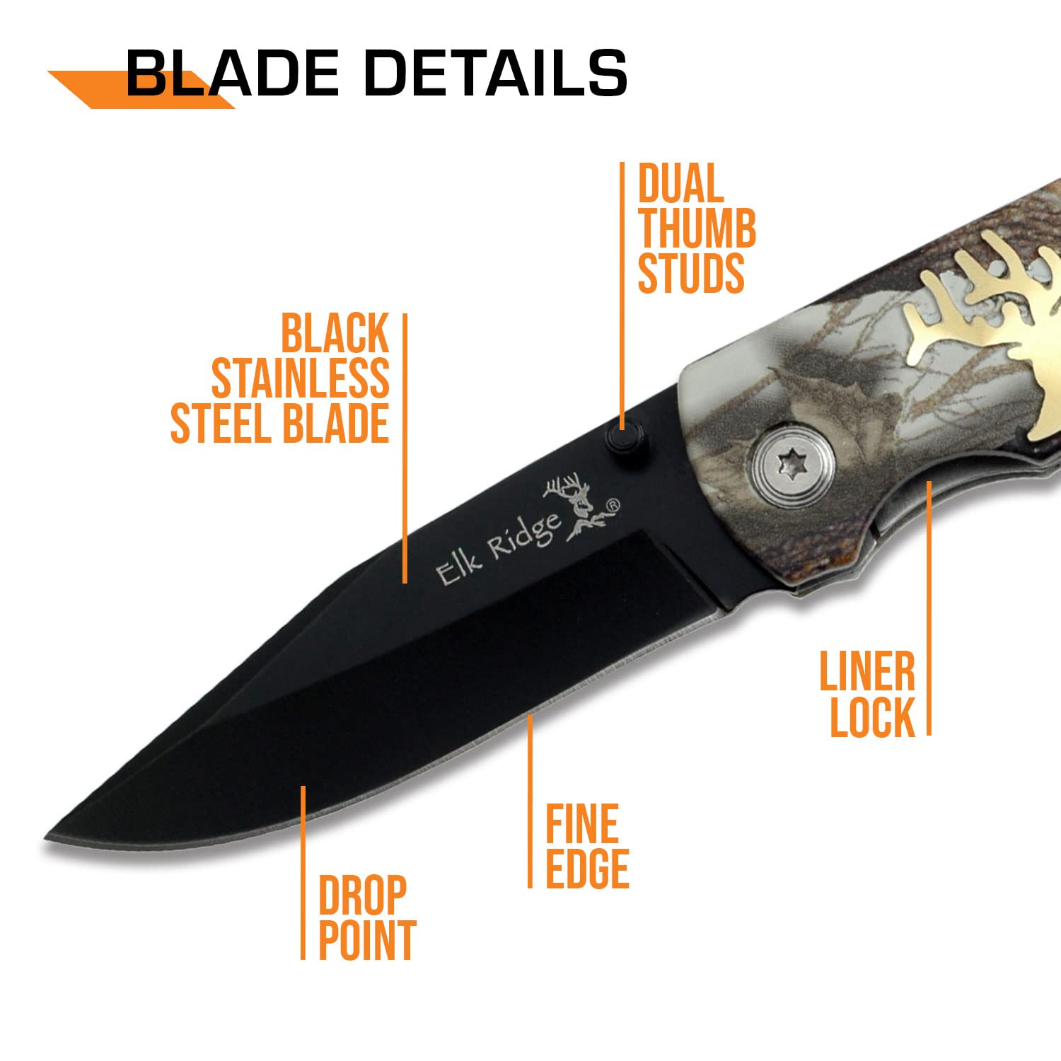 Elk Ridge - Outdoors Folding Knife - 3.5-in Closed, 2.5-in Black Stainless Steel Blade, Camo Coated Handle with Brass Plated Elk Overlay, Pocket Clip - Hunting, Camping, Survival - ER-118CA