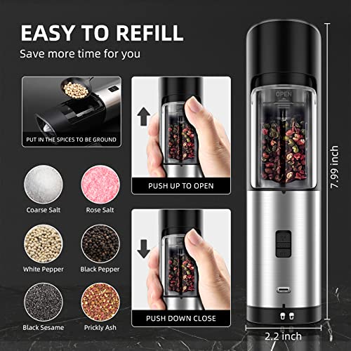 Rocyis USB Rechargeable Electric Salt and Pepper Grinder-Gravity Automatic Spice Mill w/LED Light, Adjustable Coarseness, One Hand Operated Smart Kitchen Gadgets, Silver