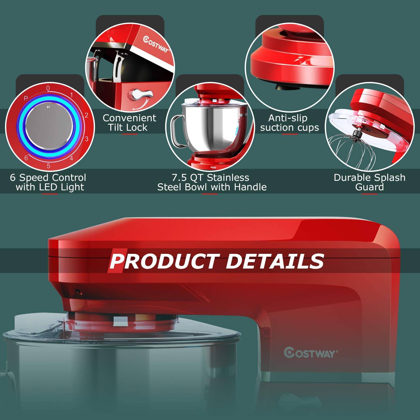 COSTWAY Stand Mixer, 7.5 Qt 6-speed 660W Tilt-Head Food Mixer with Pulse Function, Dough Hook, Whisk, Beater, Stainless Steel Bowl & Splash Guard (Red)