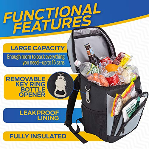 Grey Backpack Cooler Bag with Bottle Opener β Fully Insulated Thermal 16 Can Tote - Padded Back and Shoulder Strap - Front Zipper and Mesh Water Bottle Pockets β by Outrav