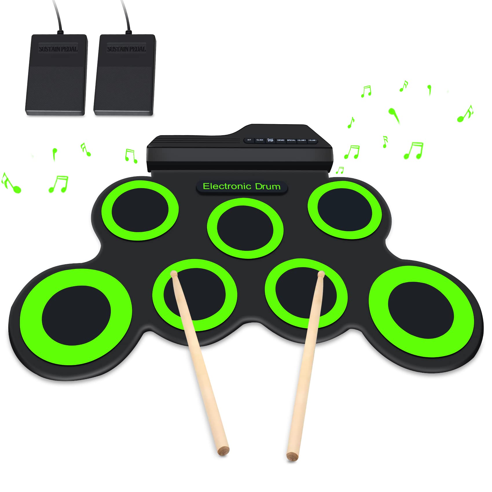 Electronic Drum Sets, Roll Up Drum Practice Pad Kit, 7 Drum Practice Pad Drum Pedals Drum Sticks, round drum for 10h Playtime Great Holiday Birthday Gift for 9-12 Kids, Teens