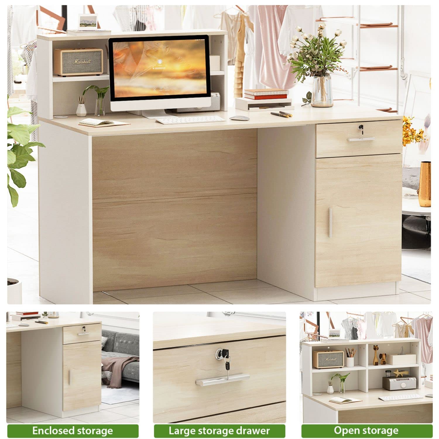FAMAPY Reception Desk Retail Counter with Lockable Drawer & Shelves, Front Counter Desk Reception Counter Table for Salon Lobby Shop White and Oak (55.1”W x 23.6”D x 43.3”H)