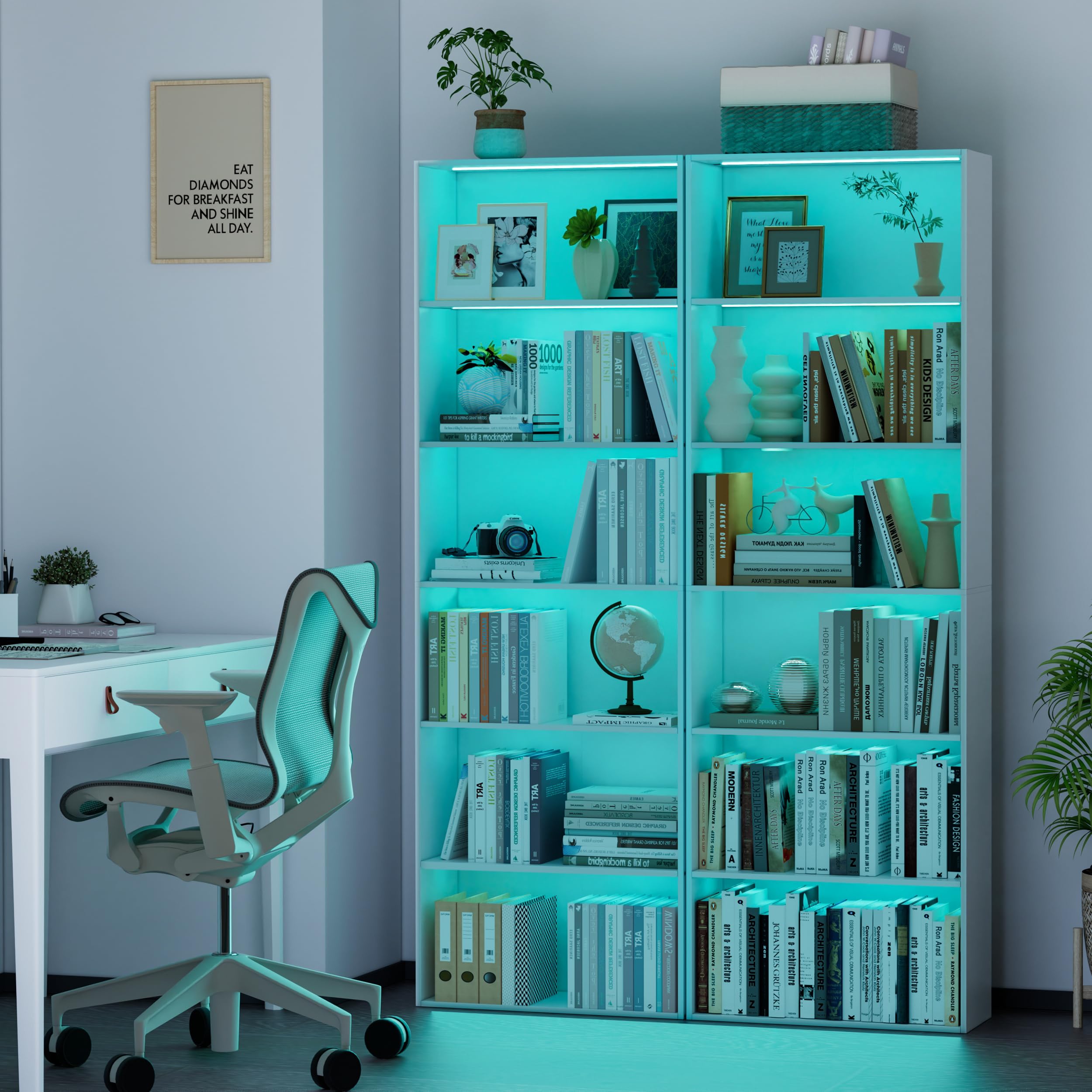 Homhedy 6 Tier Bookcase with LED Lights, 71" H Tall Open Bookshelf, Wooden Display Storage Shelves for Home Office, Living Room, Bed Room,Size:23.6" W x 71.2" H x 9.4" D, White