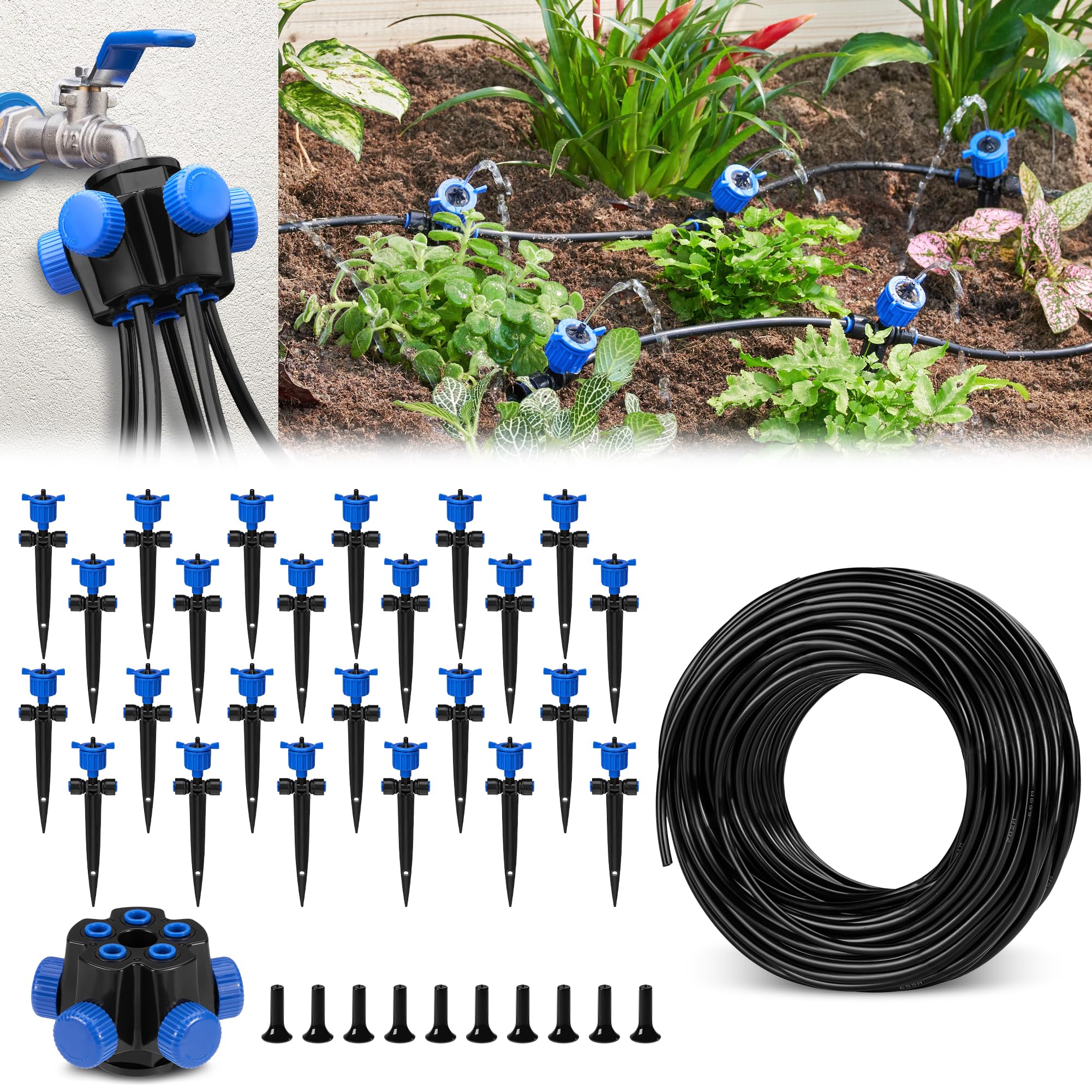 HIRALIY 50FT Garden Watering System with 12Pcs Pressure Compensation Drippers and 5-Way Connector, New Quick Connector Drip Irrigation Kits, Irrigation System for Plant