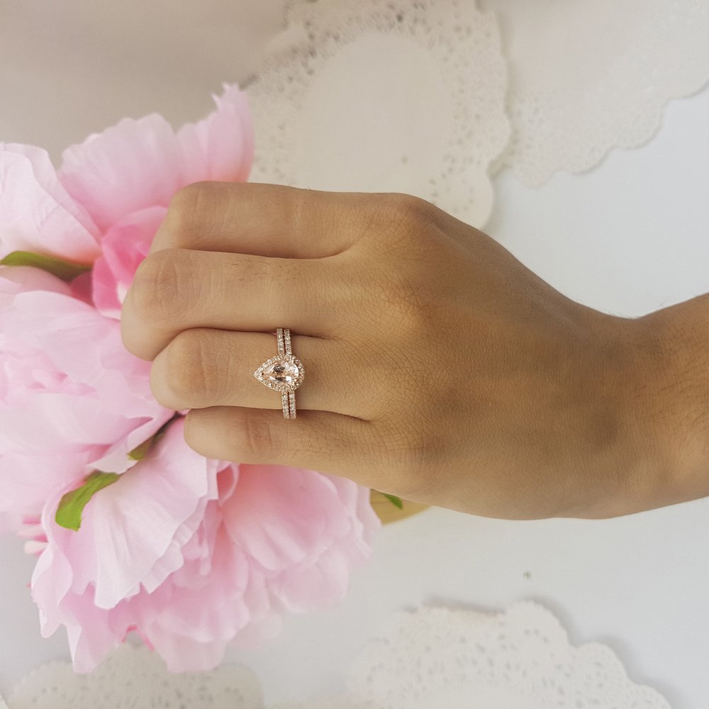 Dazzlingrock Collection 10K 7X5 MM Pear Morganite & Round Diamond Ladies Bridal Teardrop Engagement Ring Set, Rose Gold, Size 8.5