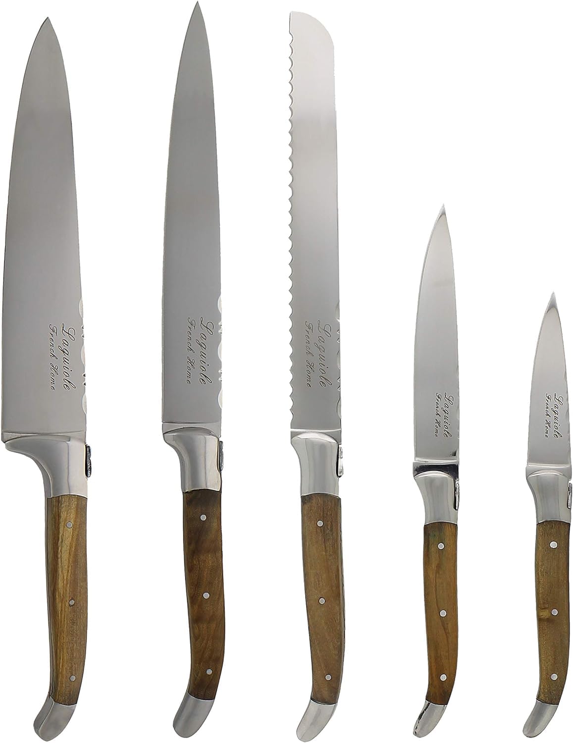 French Home Laguiole Connoisseur Olivewood 5 Piece Kitchen Knife Set plus Magnetic Display.