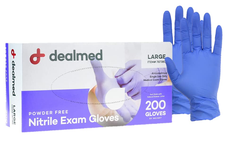 Dealmed Medical Exam Nitrile Glovesâ 200 Count, Disposable Non-Irritating Latex Free Multi-Purpose Use for a First Aid Kit and Facilities, Large