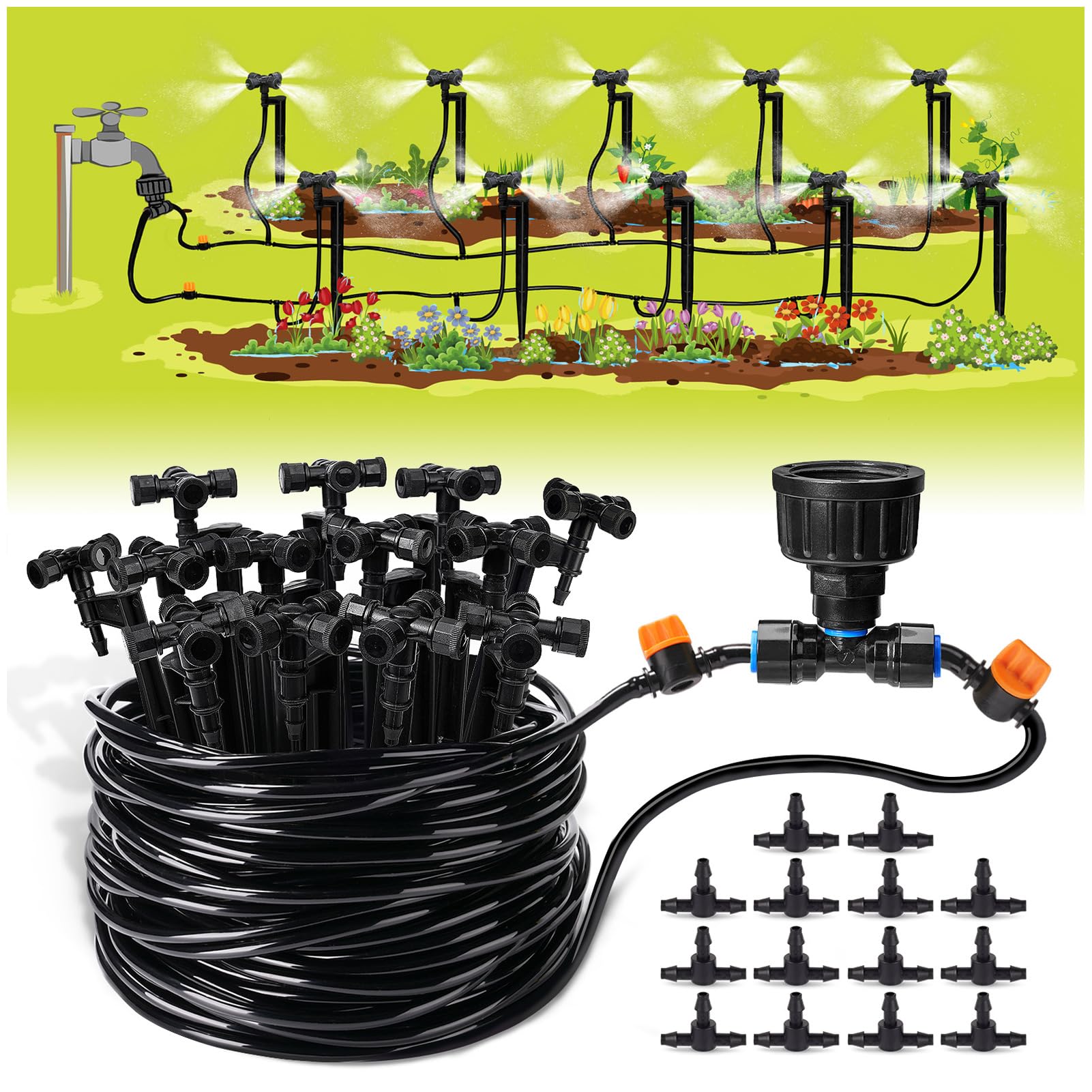 HIRALIY 65FT Drip Irrigation Kit, Plant Watering System, 1/4" Blank Distribution Tubing and 4-Outlet Watering Misting Nozzles, Automatic Irrigation Equipment Set for Patio Lawn