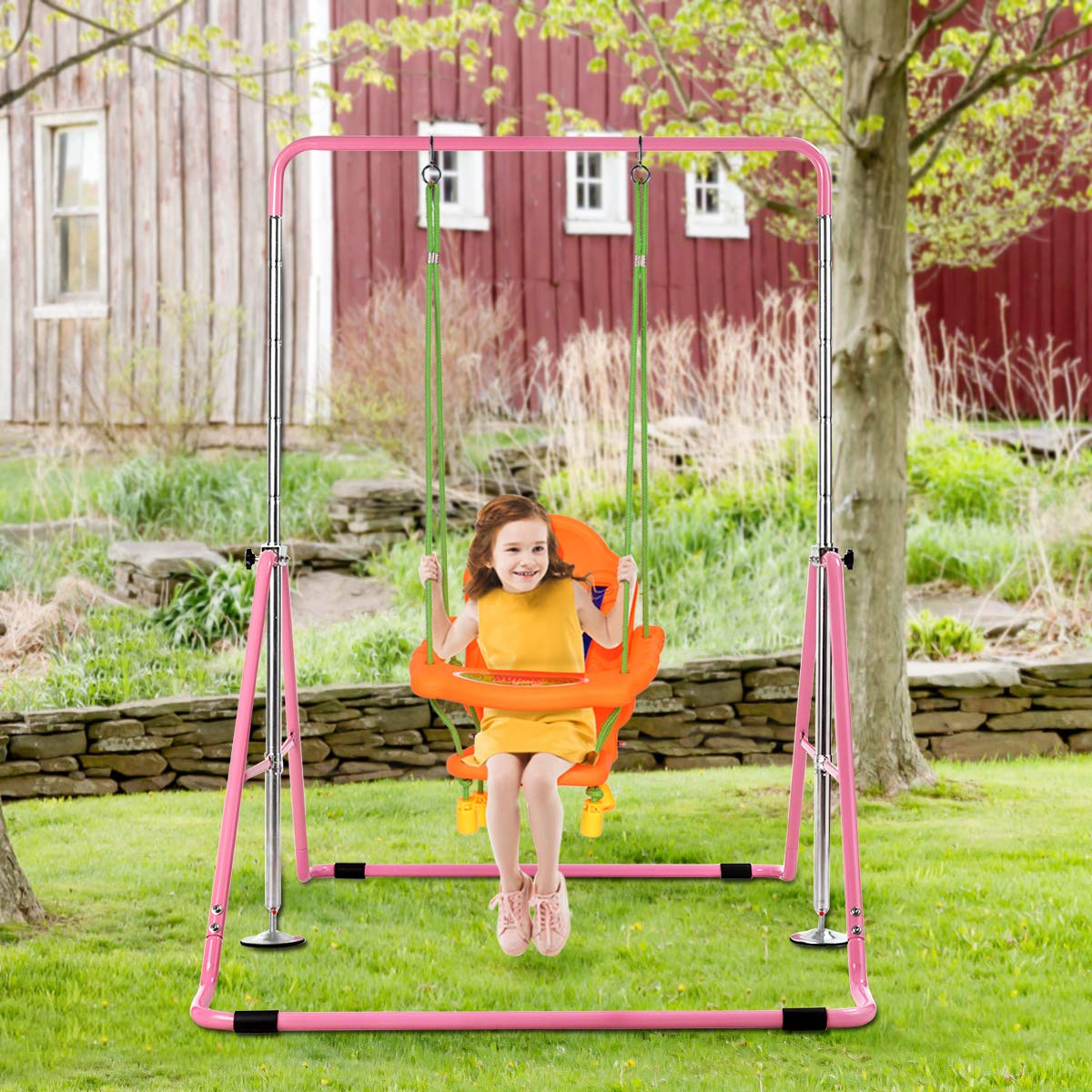 Costzon Expandable Gymnastics Training Bar, Folding Gymnastics Bar with Triangular Structure, 3 to 4.5 FT Height Adjustable Junior Horizontal Kip Bar, Training Monkey Bars for Kids Gymnasts (Pink)