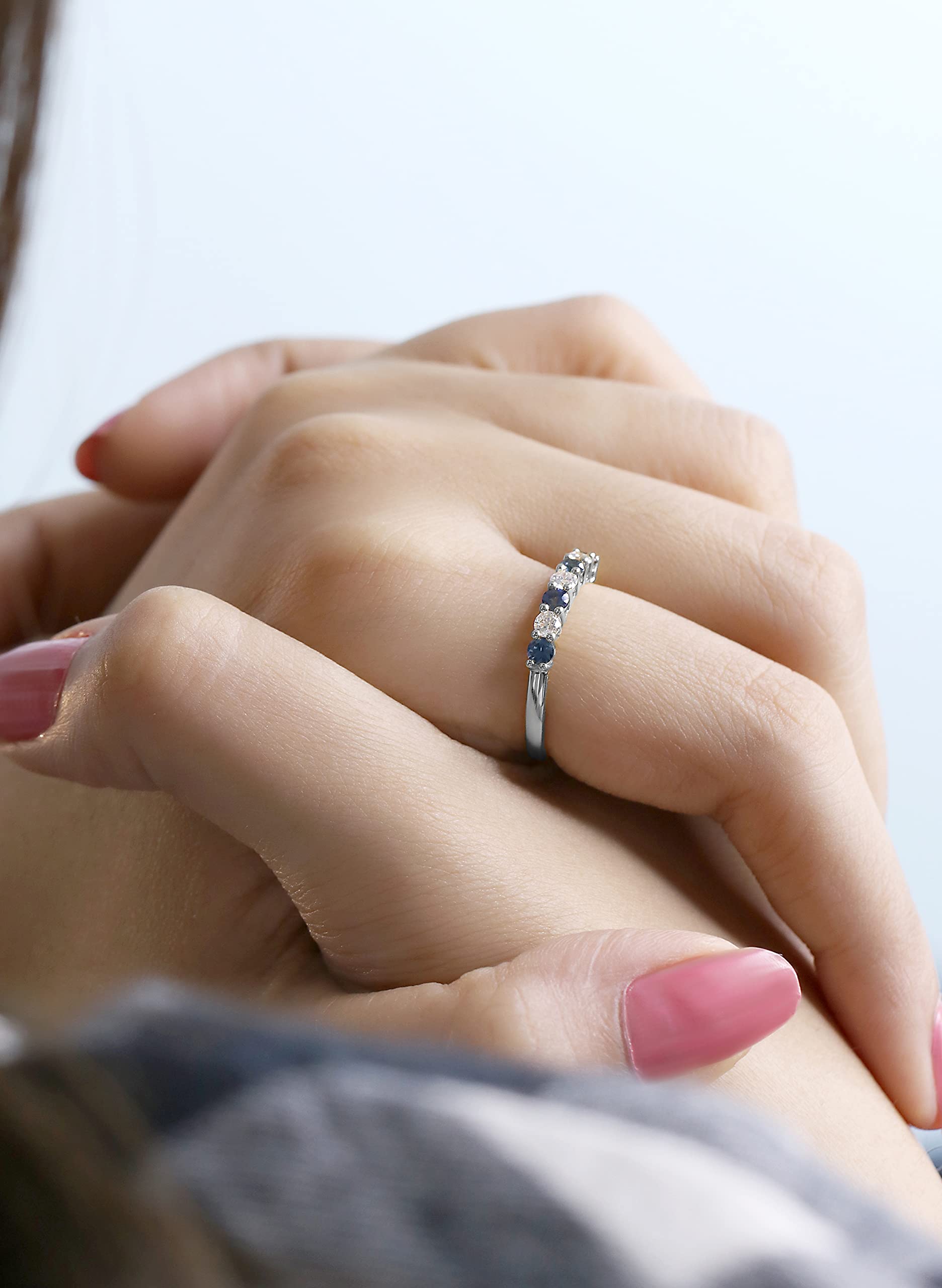 Dazzlingrock Collection 2.5mm Each Round Blue Sapphire & White Diamond 7 Stone Stackable Wedding Band for Women in 14K White Gold, Size 6.5