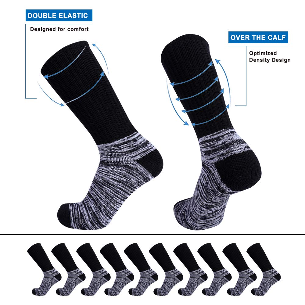 EnerWear-Coolmax 10P Pack Men's Cotton Thick Cushion Hiking Crew Boot Socks (10-13/Shoe: 6-12, Black Rib/Grey Foot)